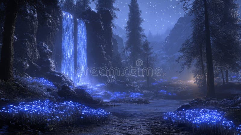 A Serene Nighttime Waterfall Cascading through a Magical Forest Stock ...