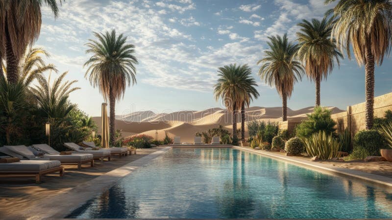 Serene Oasis in Desert with Tall Palm Trees and Tranquil Pool Stock Illustration - Illustration ...