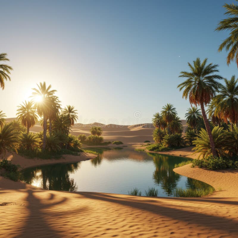 Serene Oasis Sunset: Palm Trees Reflecting in Calm Water Stock ...