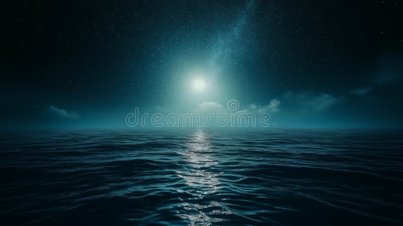 Nighttime Ocean View with Bright Moon and Soft Clouds in the Sky Stock ...