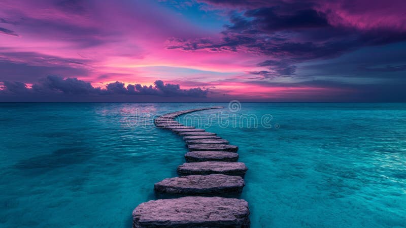 Serene Ocean Pathway at Vibrant Sunset with Dramatic Purple and Pink ...