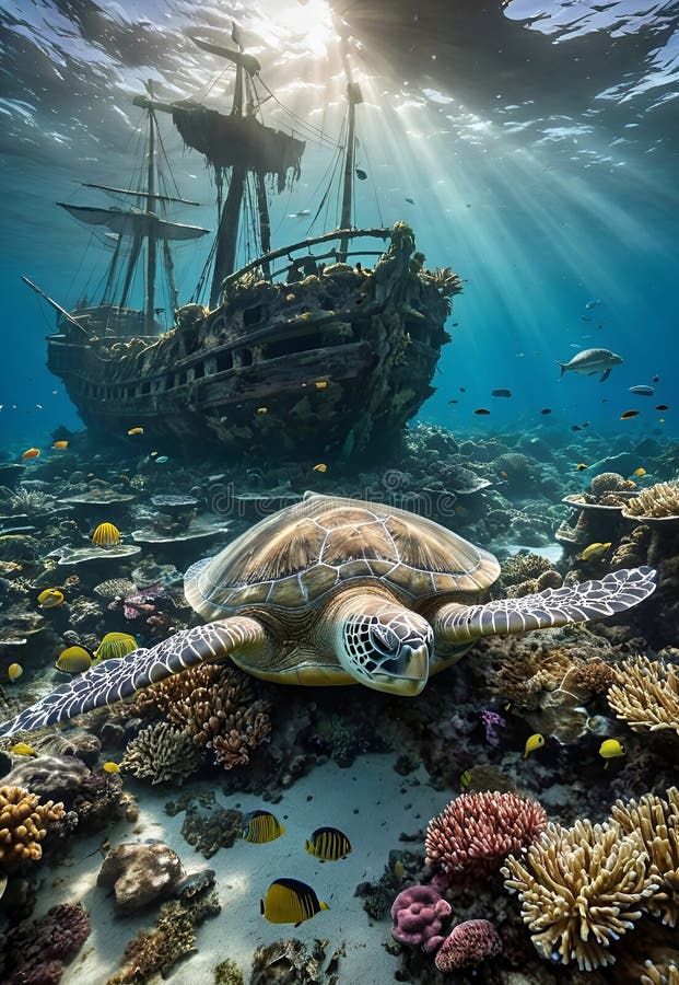 A Serene Ocean Scene Featuring a Turtle Gliding through the Water Near ...