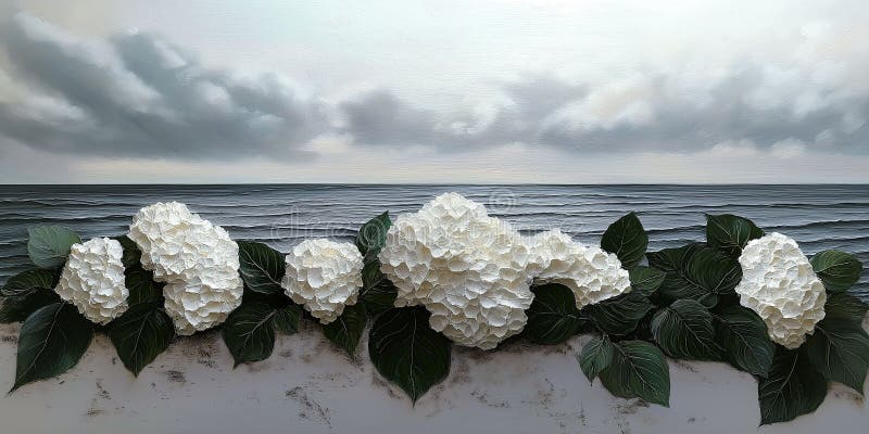 Serene Ocean View with White Hydrangeas, Remembrance Flowers, Memorial ...
