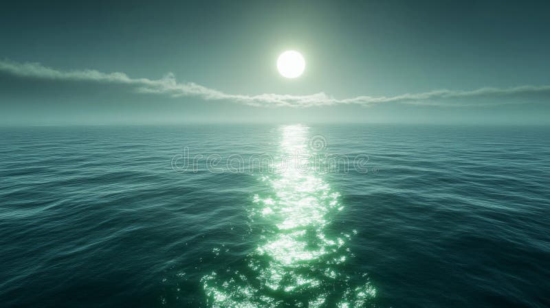 Serene Ocean Scene with Sun and Clouds Above Stock Illustration ...