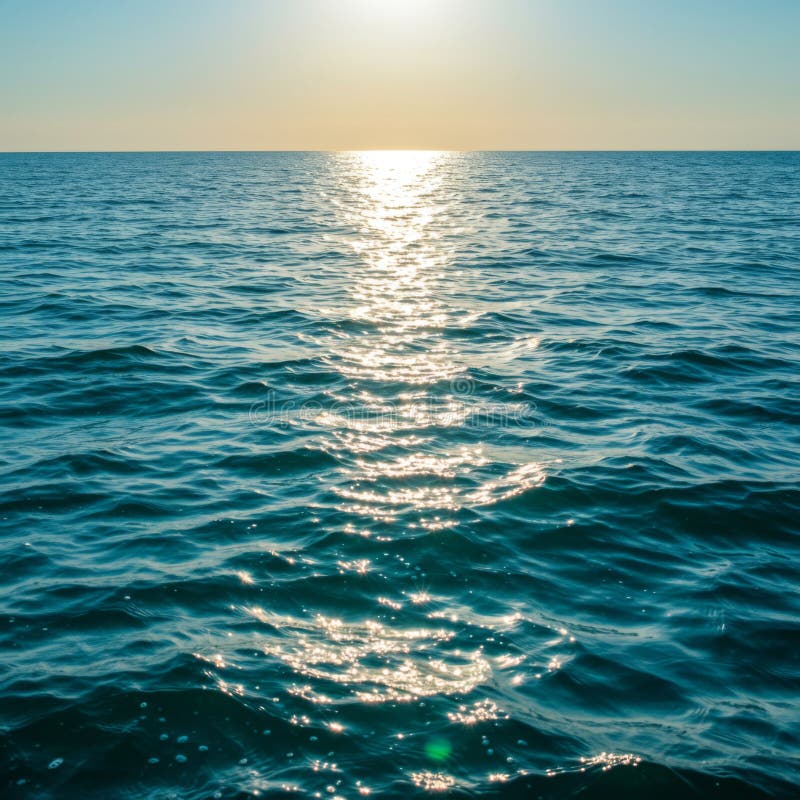 Serene Ocean Sunset: Calm Blue Water with Bright Sunlight Reflections ...