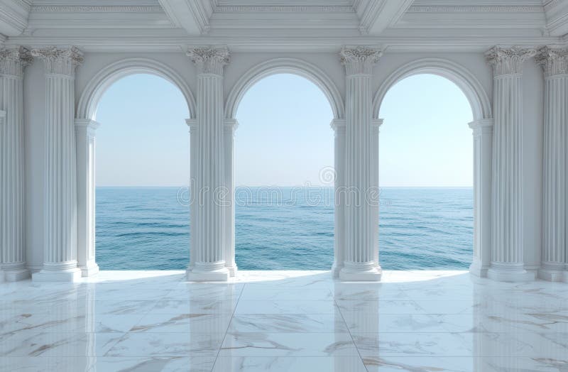 Serene Ocean View through Classical Columns Stock Illustration ...