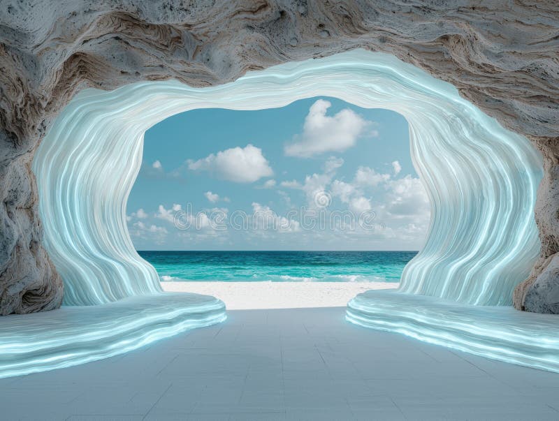 Serene Ocean View through a Natural Rock Arch Stock Illustration ...