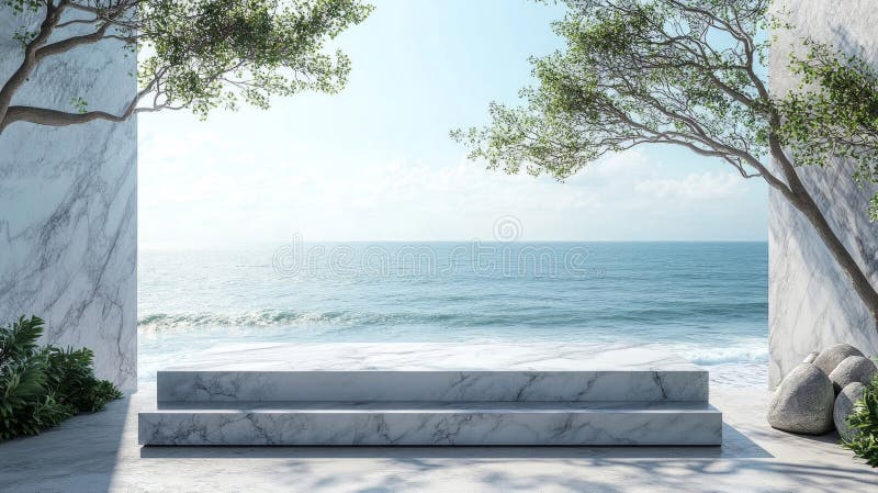 Serene Ocean View with White Marble Steps Stock Illustration ...