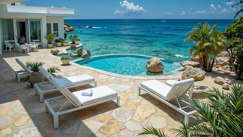 Serene Oceanfront Villa with Pool and Scenic View of the Sea Stock ...