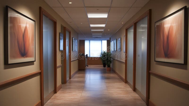 Serene Office Hallway with Abstract Art Decor Stock Illustration ...