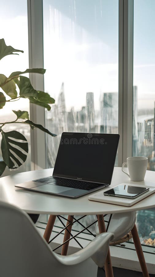 A Serene Office with a Laptop Offers Panoramic City Skyline Views Stock ...