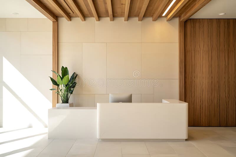 Serene Office Reception Area with Modern Design Elements and Natural ...