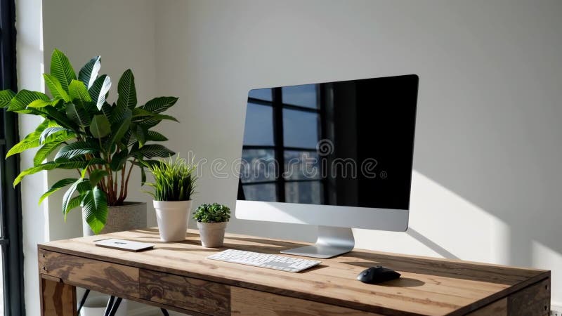 Modern Office Desk Scene with Plants and Computer Footage Stock Footage ...