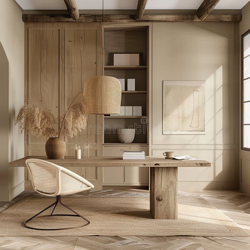 Serene Office Space with Beige Walls and Natural Wooden Elements Stock ...