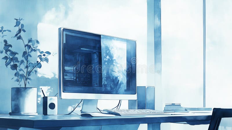 A Serene Office Space Features a Sleek Desktop Computer on a Wooden ...