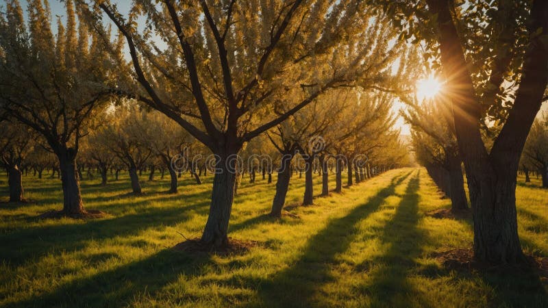 Golden Hour in an Orchard: Rows of Blossoming Trees at Sunset Stock ...