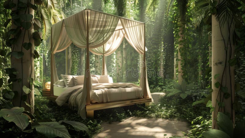 Serene Outdoor Canopy Bed in Lush Forest Setting Stock Image - Image of ...