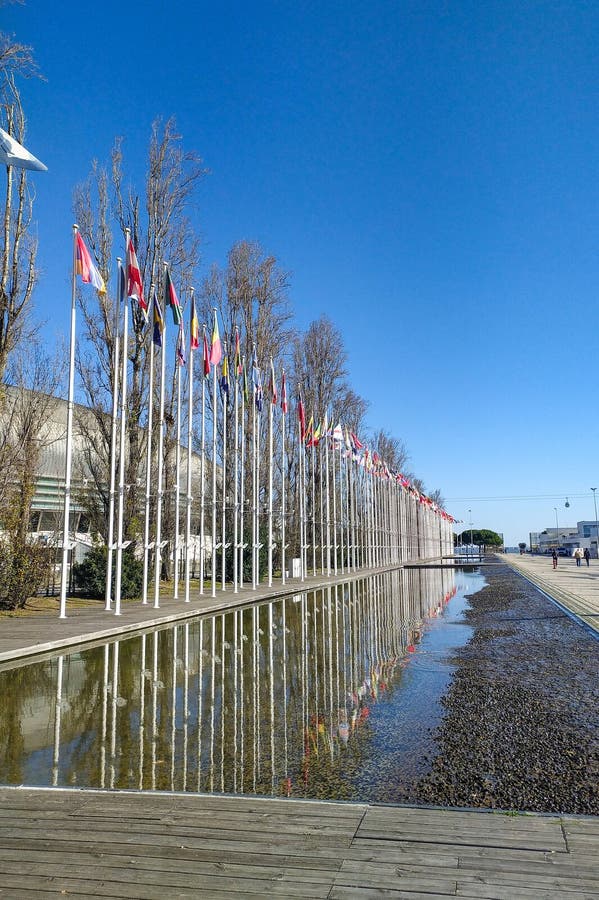 Serene Outdoor Scene Featuring Numerous Flags Reflected in a Tranquil ...