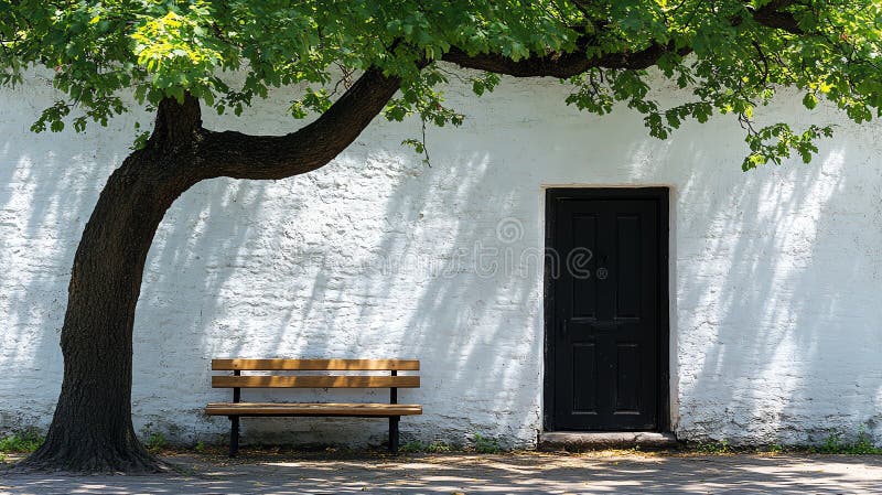 A Serene Outdoor Scene Featuring a Tree, Bench, and a Simple Door on a ...