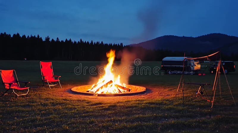 Campfire with Red Chairs in Grassy Field Near Forest and Mountains ...