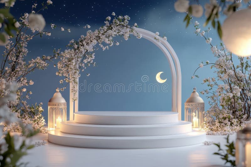 A Serene Outdoor Stage Adorned with Flowers, Lanterns, and a Crescent ...