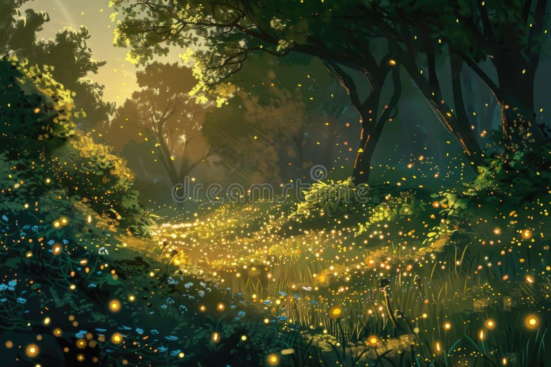 A Serene Painting of Fireflies Flying through a Forest. Suitable for ...