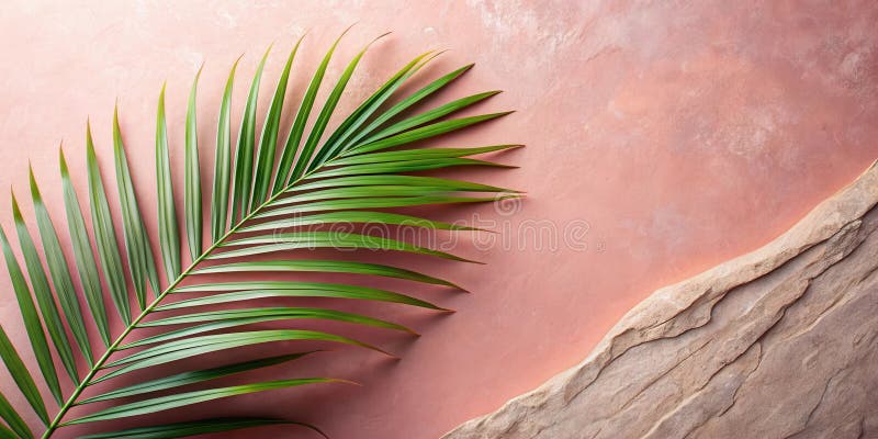 Serene Palm Frond and Textured Stone Composition on a Pink Background ...