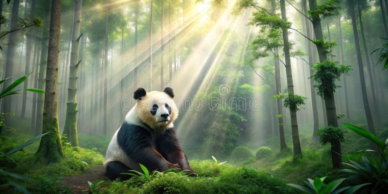 Serene Panda Bear Resting in Misty Bamboo Forest at Dawn. Generative AI ...