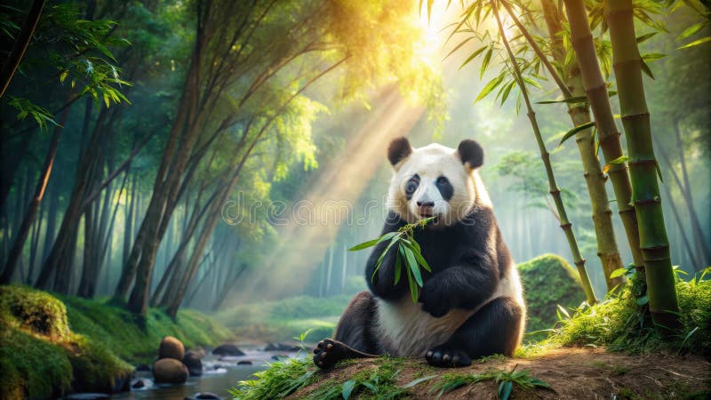 Serene Panda Enjoying Bamboo in a Sun-dappled Forest. Generative AI ...