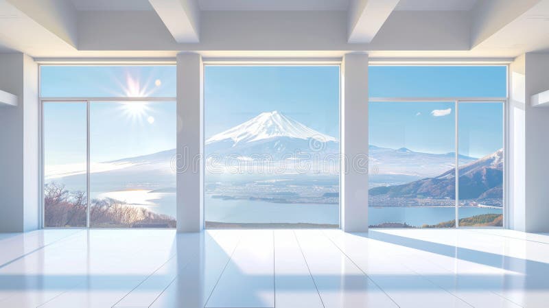 Serene Panoramic Windows Frame Snow Capped Japanese Mountains in Golden ...