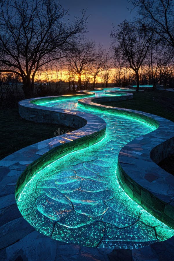 Serene Park Pathway Illuminated by Glowing Blue Lights, Surrounded by Trees at Sunset Stock ...