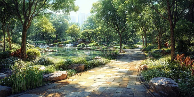 Serene Park Pathway Surrounded by Lush Greenery and a Tranquil Pond in ...