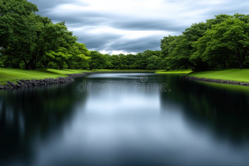 Serene Park Pond Landscape Under Cloudy Sky. a Picturesque Nature Scene ...