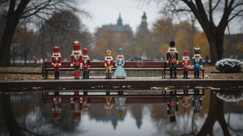 Charming Nutcracker Soldiers on a Park Bench Reflecting in a Puddle ...