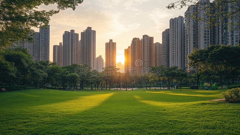 A Serene Park Scene with Tall Buildings and a Sunset Backdrop Stock ...