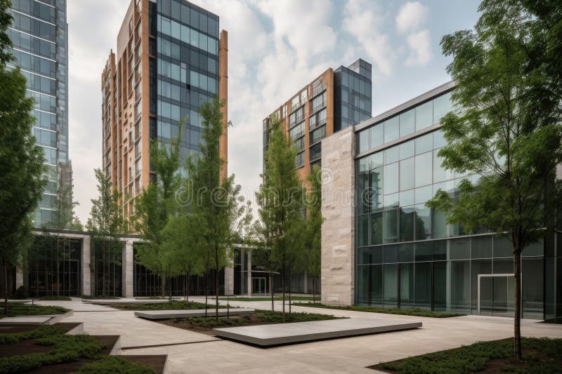 Serene Park Surrounded by Modern Buildings with Towering Windows and ...