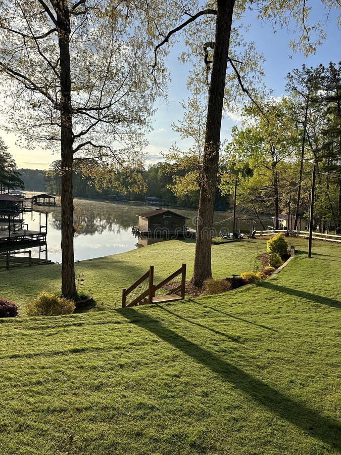 Serene Park with Trees and Flowers on Waterfront Stock Photo - Image of ...