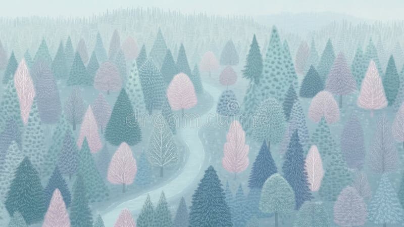 Serene Pastel Forest Landscape with Misty Pathway Stock Illustration ...