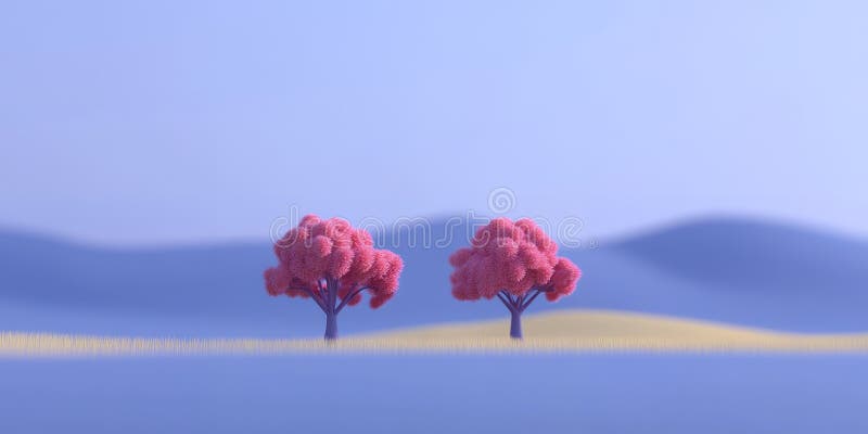 Serene Pastel Landscape Two Pink Fluffy Trees on a Calm Hillside Stock ...