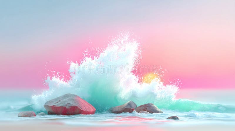 Serene Pastel Sunset Scene Featuring a Dramatic Wave Crashing Against ...