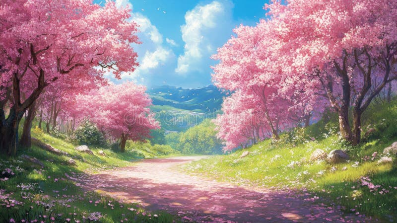 Serene Path through Blossoming Cherry Trees and Rolling Hills Stock ...