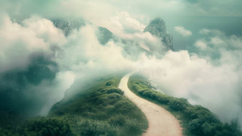 Serene Path through Clouds and Mountain Peaks Stock Photo - Image of ...