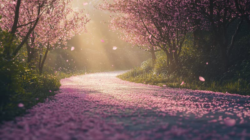 Serene Path Covered in Pink Cherry Blossom Petals Under Blooming Trees ...