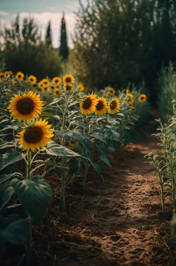 Sunflowers Field Path: Golden Hour Beauty in Nature Stock Illustration ...