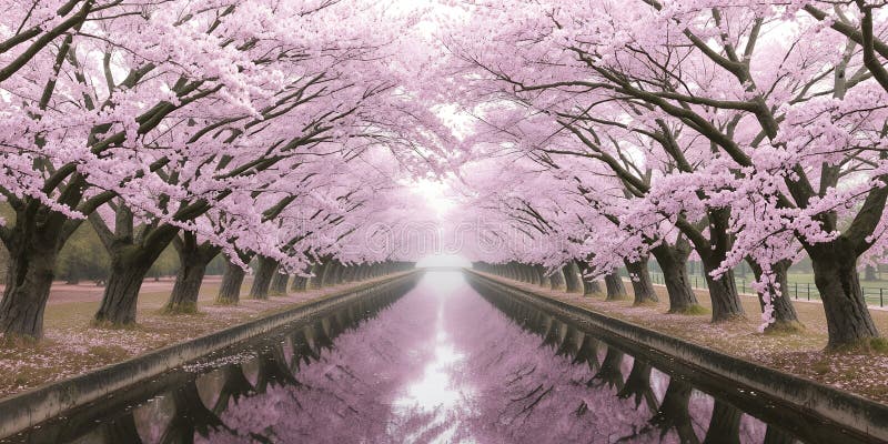 A Serene Path Lined with Cherry Blossom Trees Stock Illustration ...