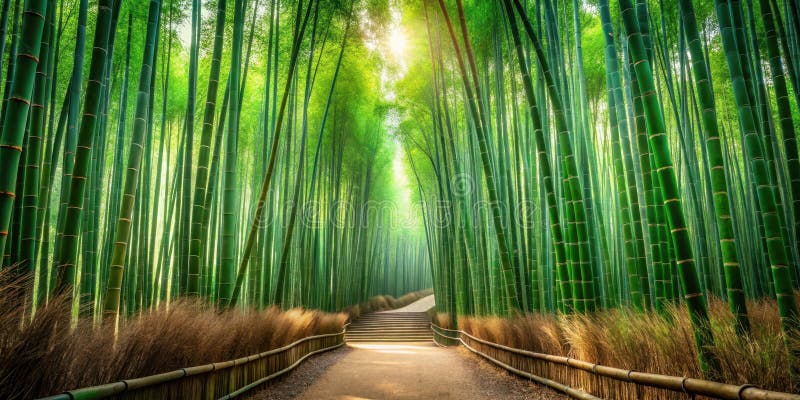 Serene Path through a Lush Bamboo Forest with Sunlight Streaming ...