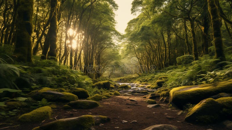 Enchanted Forest Path at Sunrise Stock Photo - Image of journey ...