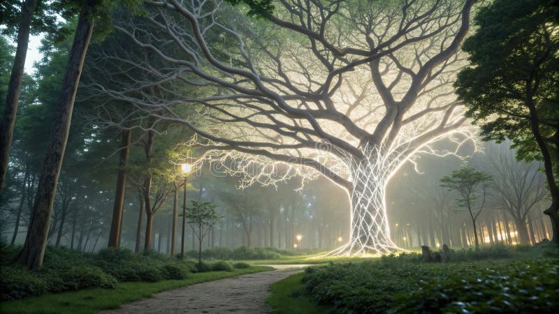 Serene Path through Lush Forest Leading To a Tree of Knowledge with ...