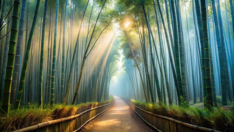 Serene Path through Misty Bamboo Forest at Dawn, Bathed in Golden ...