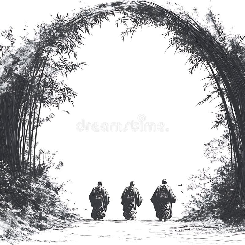 Serene Path of Monks through Bamboo Forest Stock Illustration ...